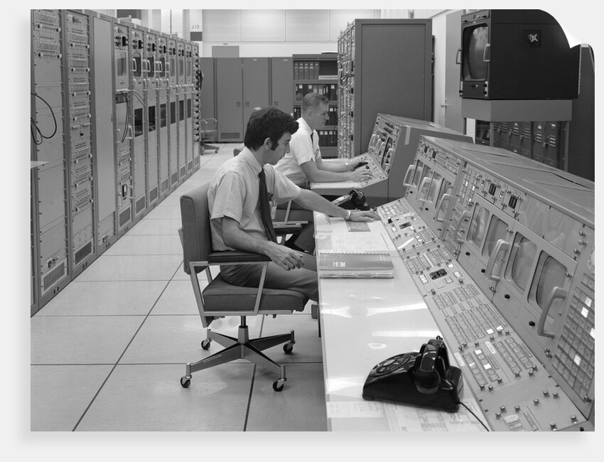 1960s 1970s Computer Room Mission Control Center Houston Texas 2 Men ...