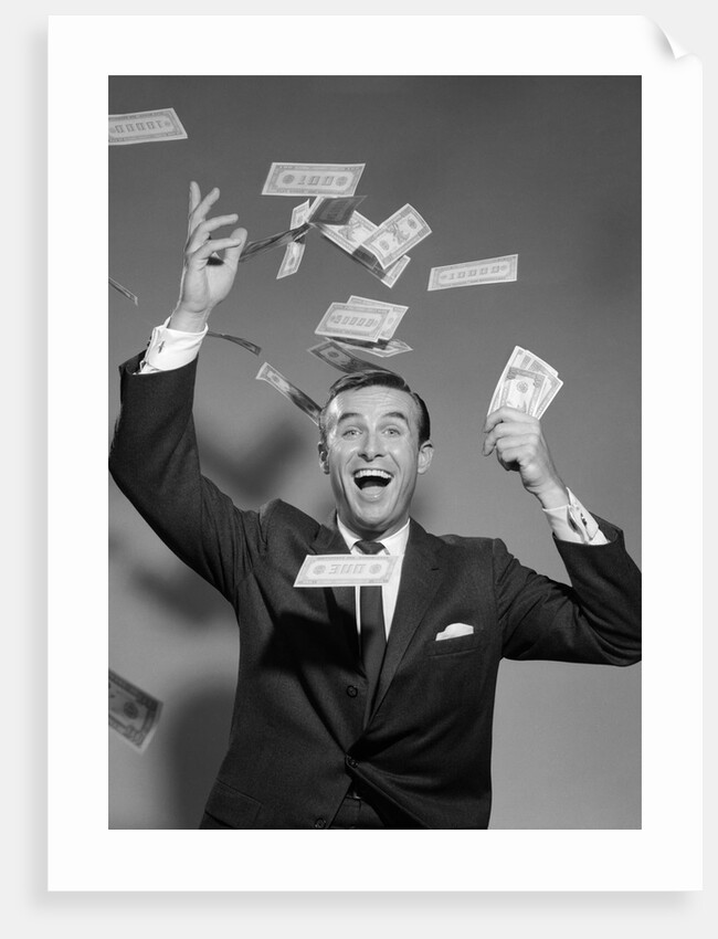 1960s Happy Man Throwing Money Currency Bank Notes In The Air posters ...