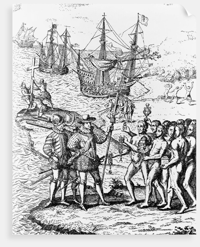 Christopher Columbus Greeting Native Americans posters & prints by Corbis