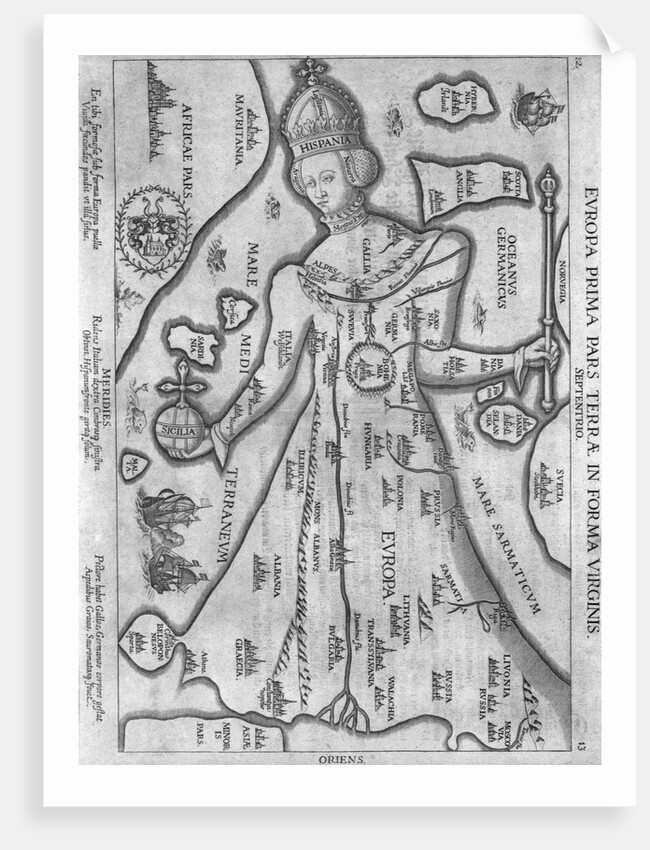 German Engraving Map of Europe in the Figure of Queen Elizabeth I ...