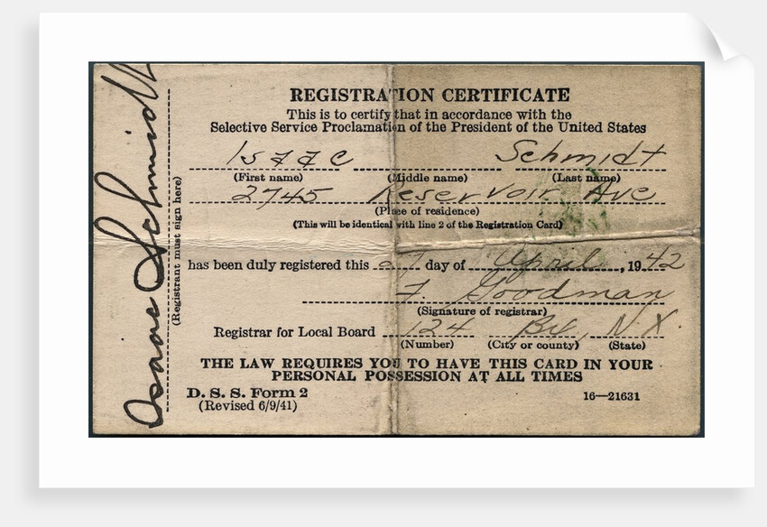 Front side of Selective Service Registration Certificate posters ...