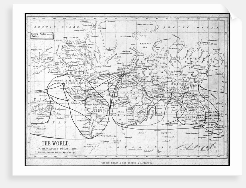 Map of the world showing sailing routes and telegraph cables posters ...